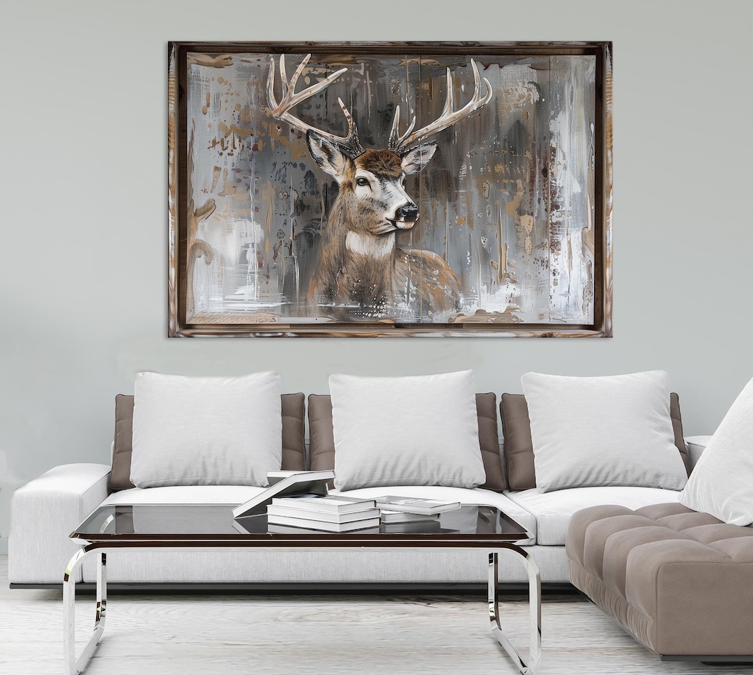 Rustic Deer Antler Wall Art – Framed Neutral Woodland Buck Painting ...
