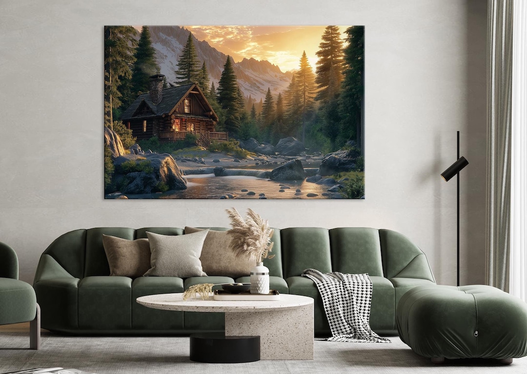 Rustic Cabin Canvas Print, Mountain Sunset Wall Art, Cozy Log Cabin ...