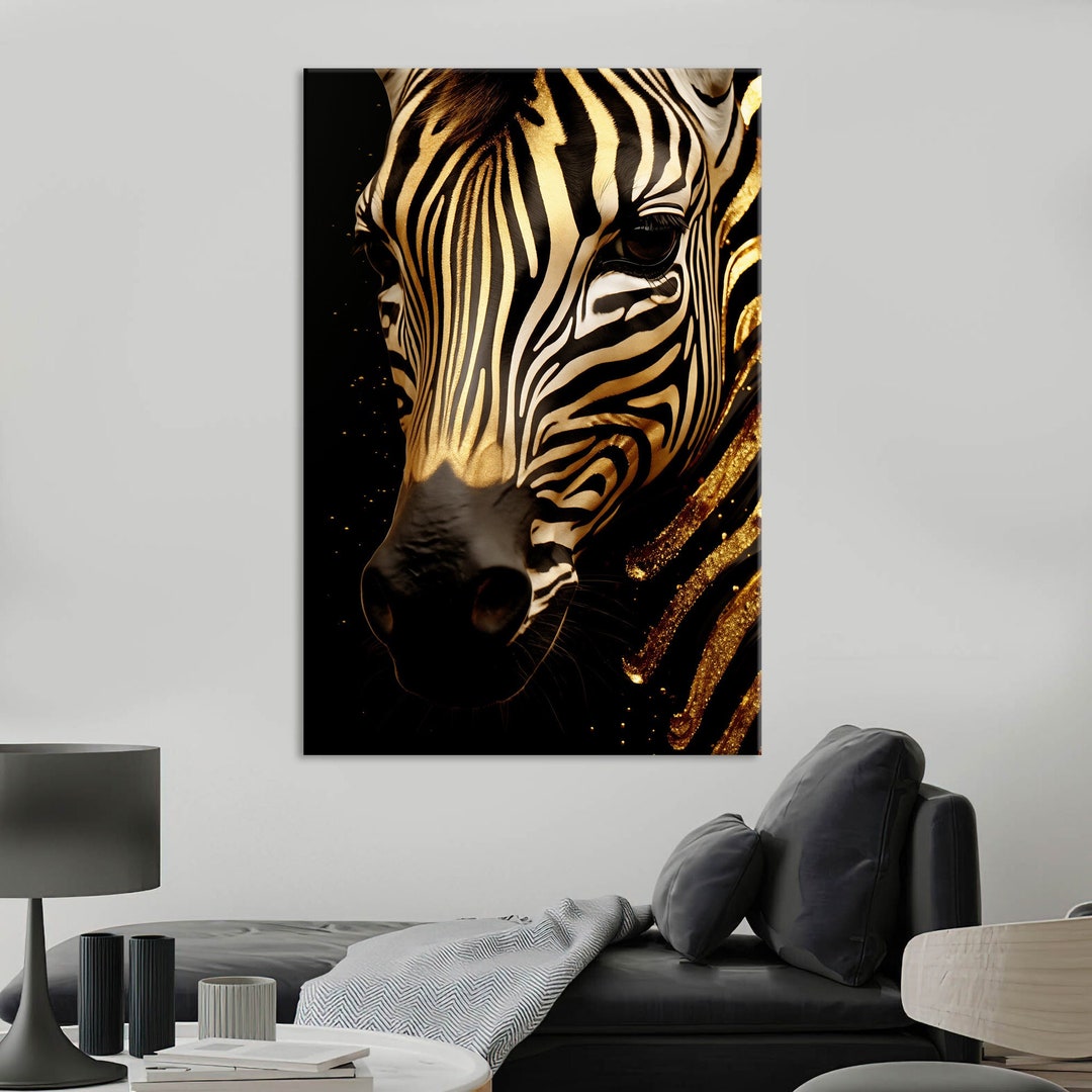 Gold-striped Zebra Canvas Print Large Animal Portrait Canvas Wall Art ...