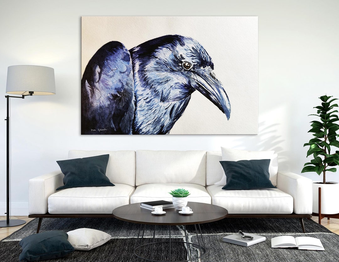 Raven Artwork Canvas Print, Realistic Blue Raven Art Print for Wall ...