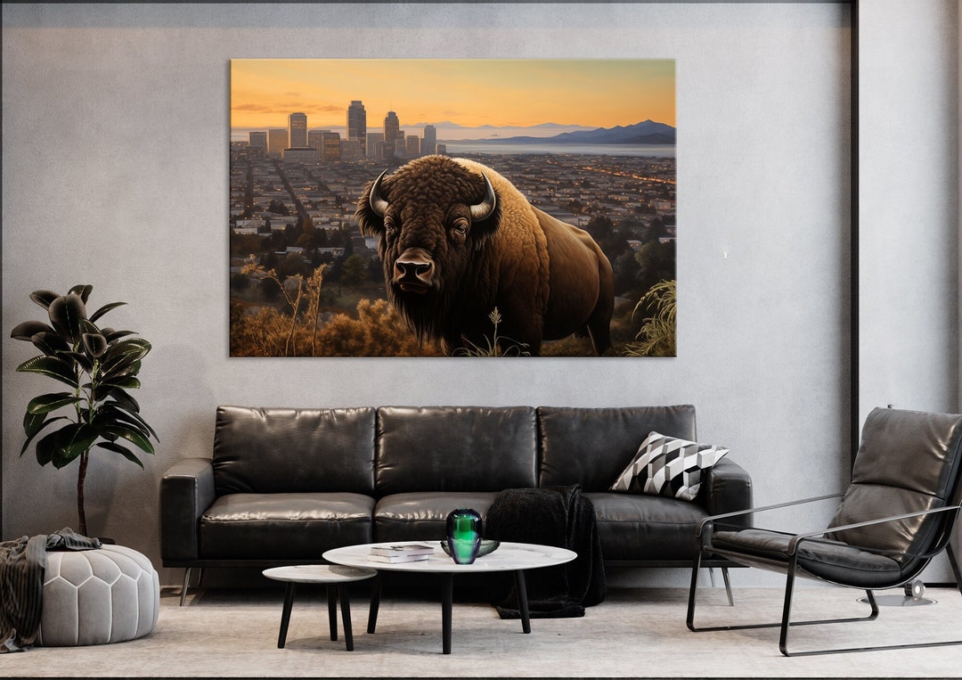Bison Cityscape Background American Buffalo Canvas Bison Art Print ...