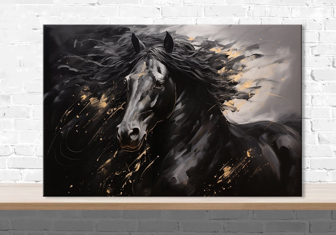 Black Stallion Canvas – Dramatic Horse Portrait in Motion With Gold ...
