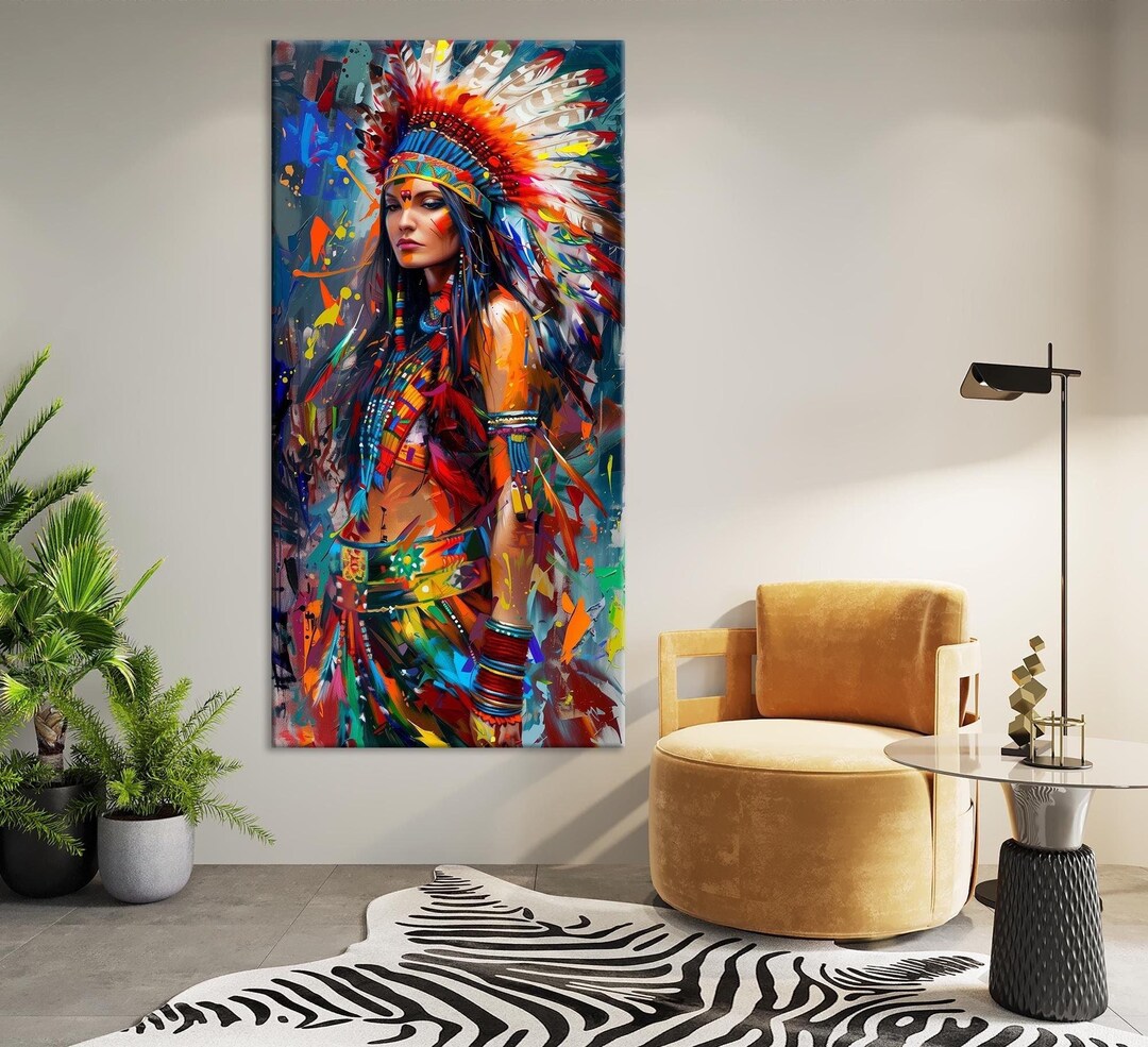 Colorful Native American Woman Wall Art – Abstract Tribal Headdress ...
