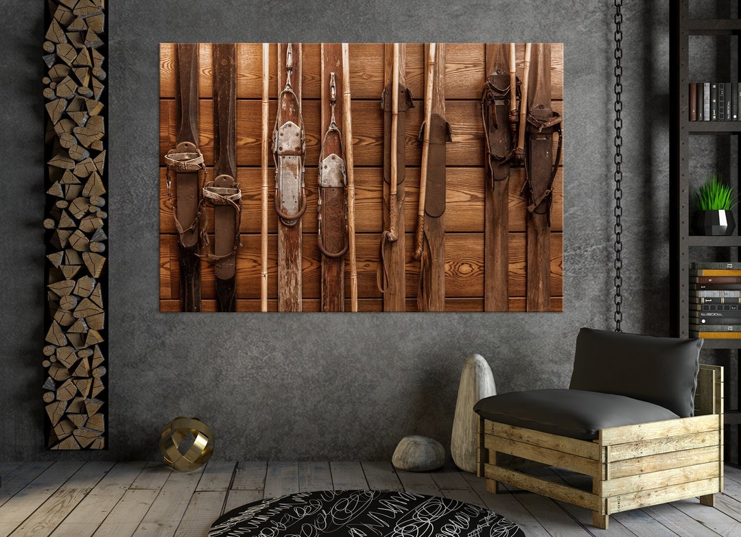 Wooden Vintage Skis Canvas Old Skis Print Ski House Decor Winter Sports ...
