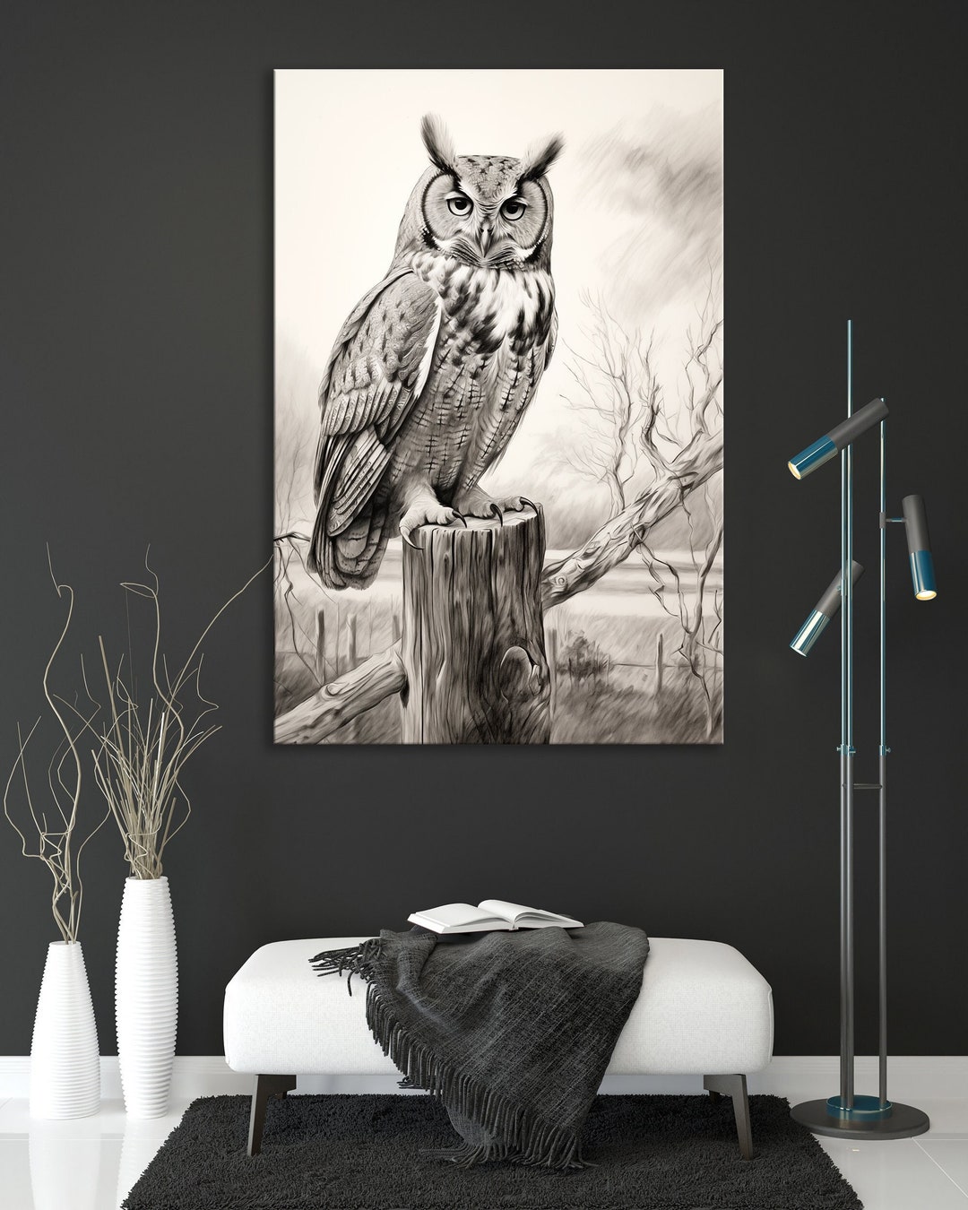 Owl Canvas Wall Art Bird Art Print Black and White Wall Decor Owl Lover ...