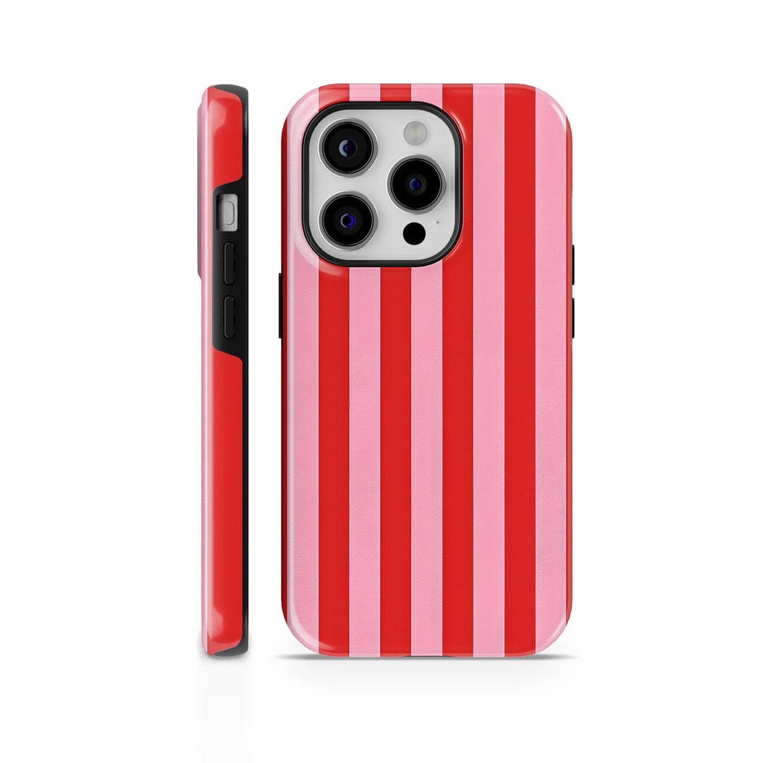 Red Retro Stripes Phone Case Pink TOUGH Cover for iPhone 16 Pro Max, 15 ...