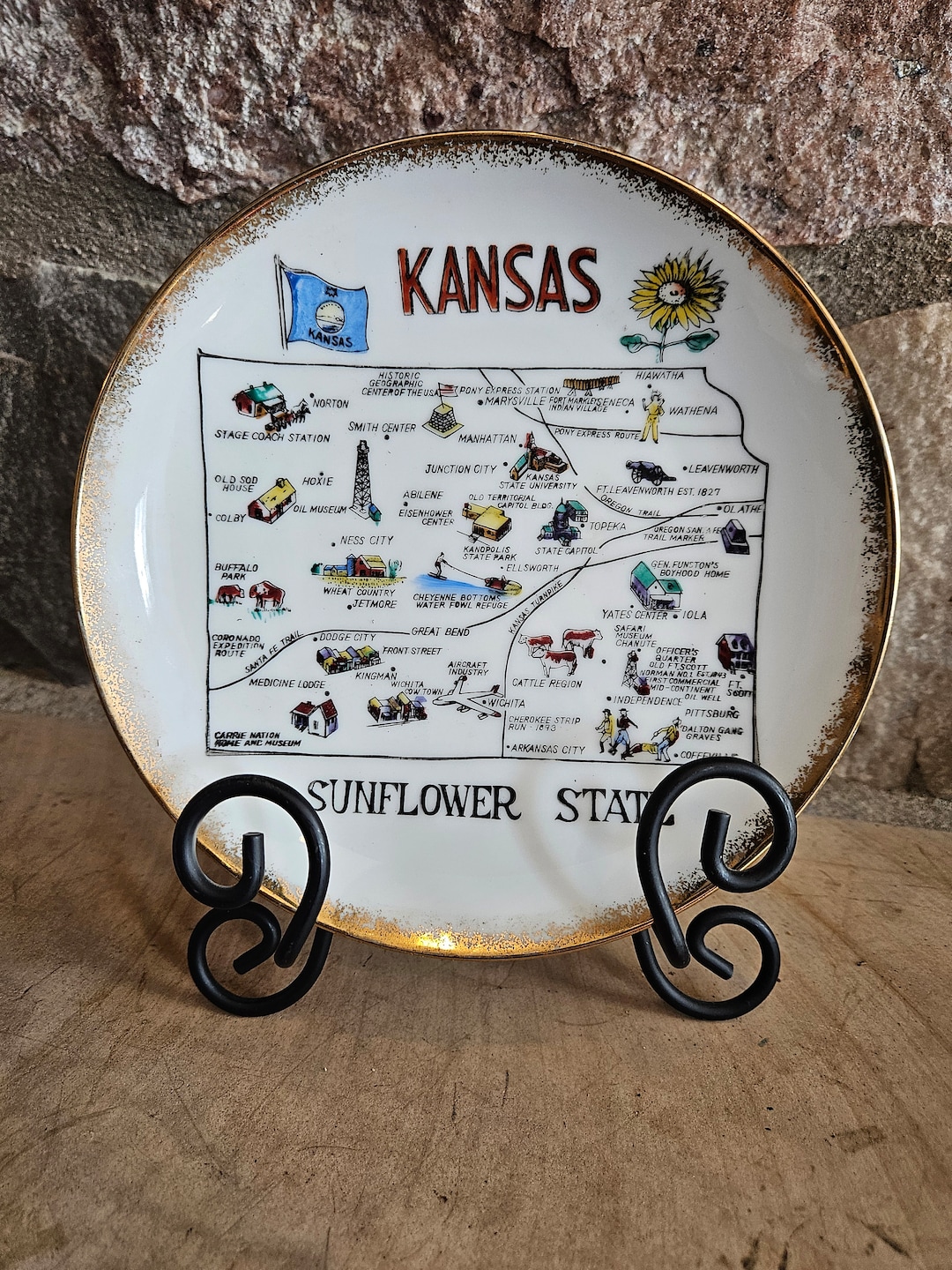 Vintage Kansas Map State Small Souvenir Plate - Sunflower State - Etsy