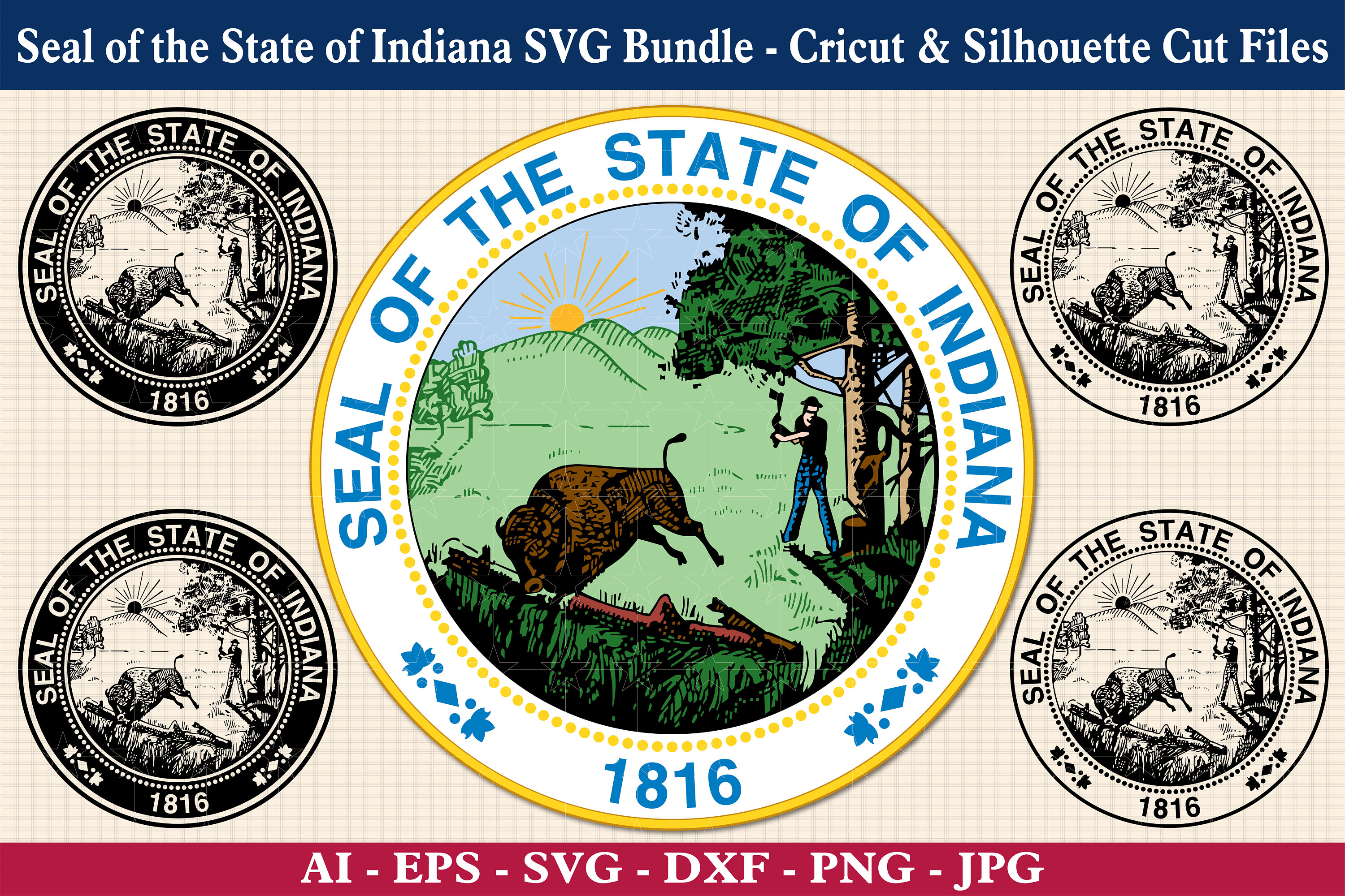 Seal of the State of Indiana SVG Bundle, State of Indiana Emblem Svg ...