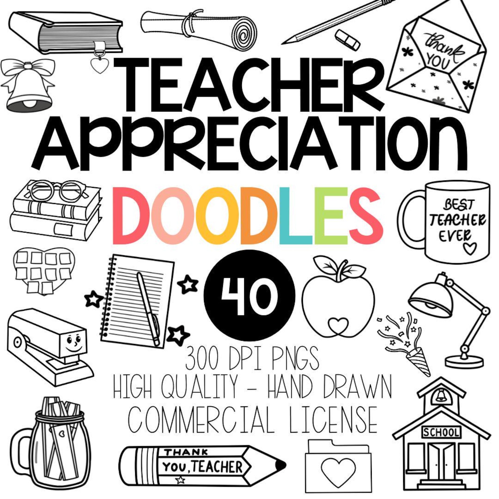 Teacher Appreciation Doodle Clipart - Black and White Outline and Hand ...