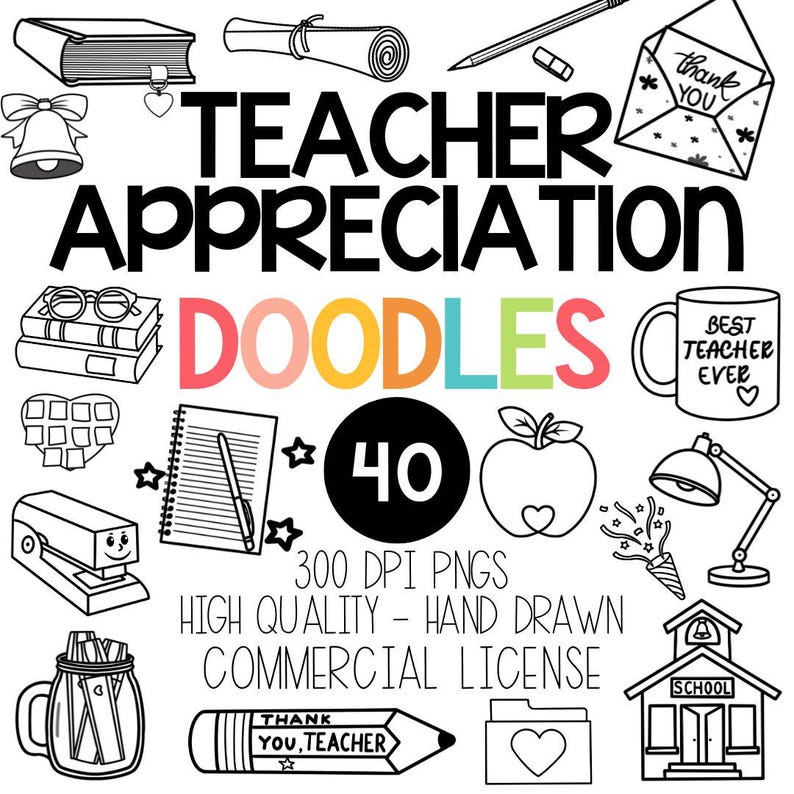 Teacher Appreciation Doodle Clipart - Black and White Outline and Hand ...