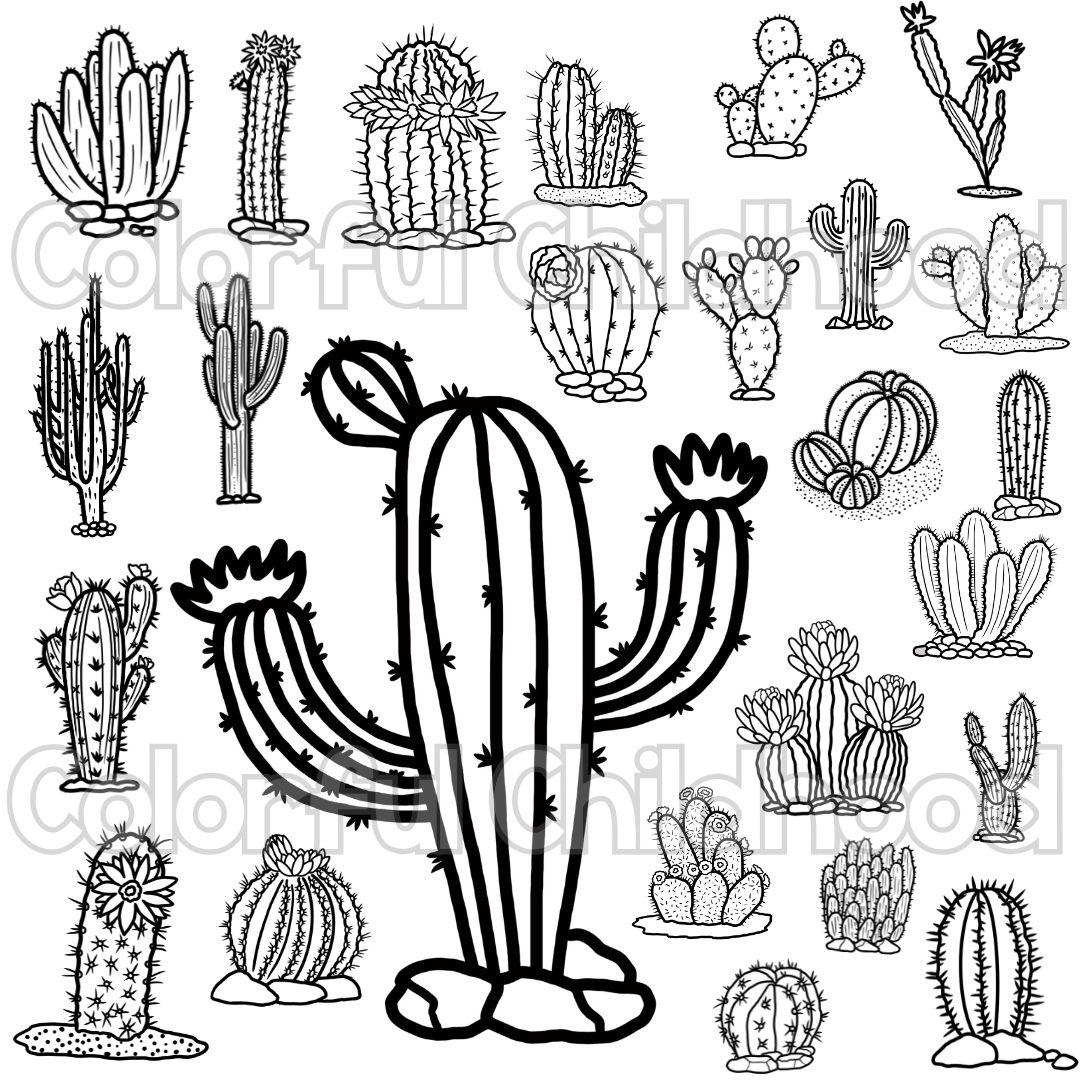 Cacti Doodle Clipart - Cactus Black and White Outline and Line Art ...