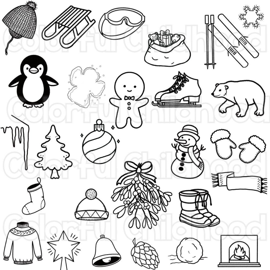 Winter Doodle Clipart - Black and White Outline and Line Art Clipart ...
