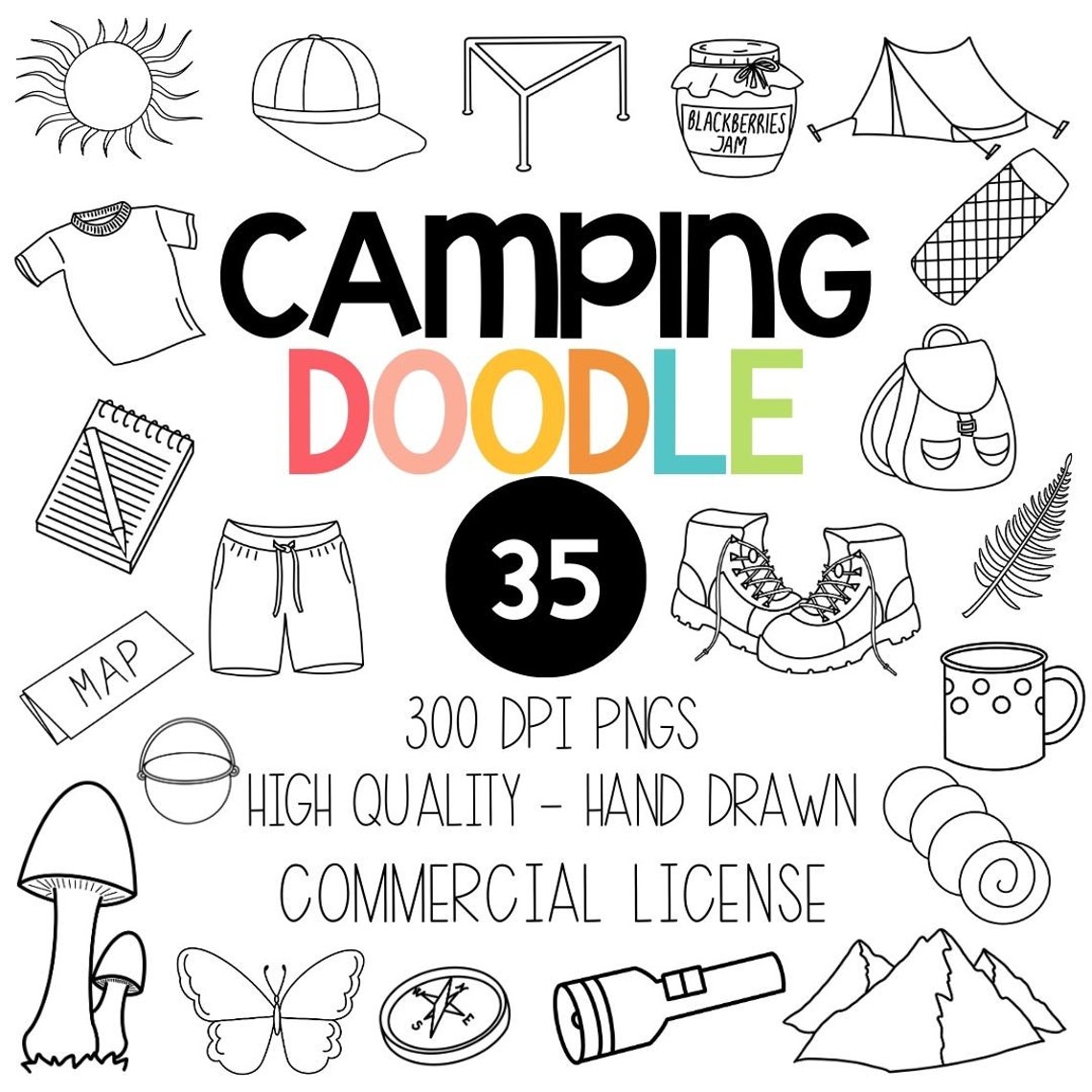 Camping Doodle Clipart, Camping / Summer Doodle Images, Hand Drawn ...