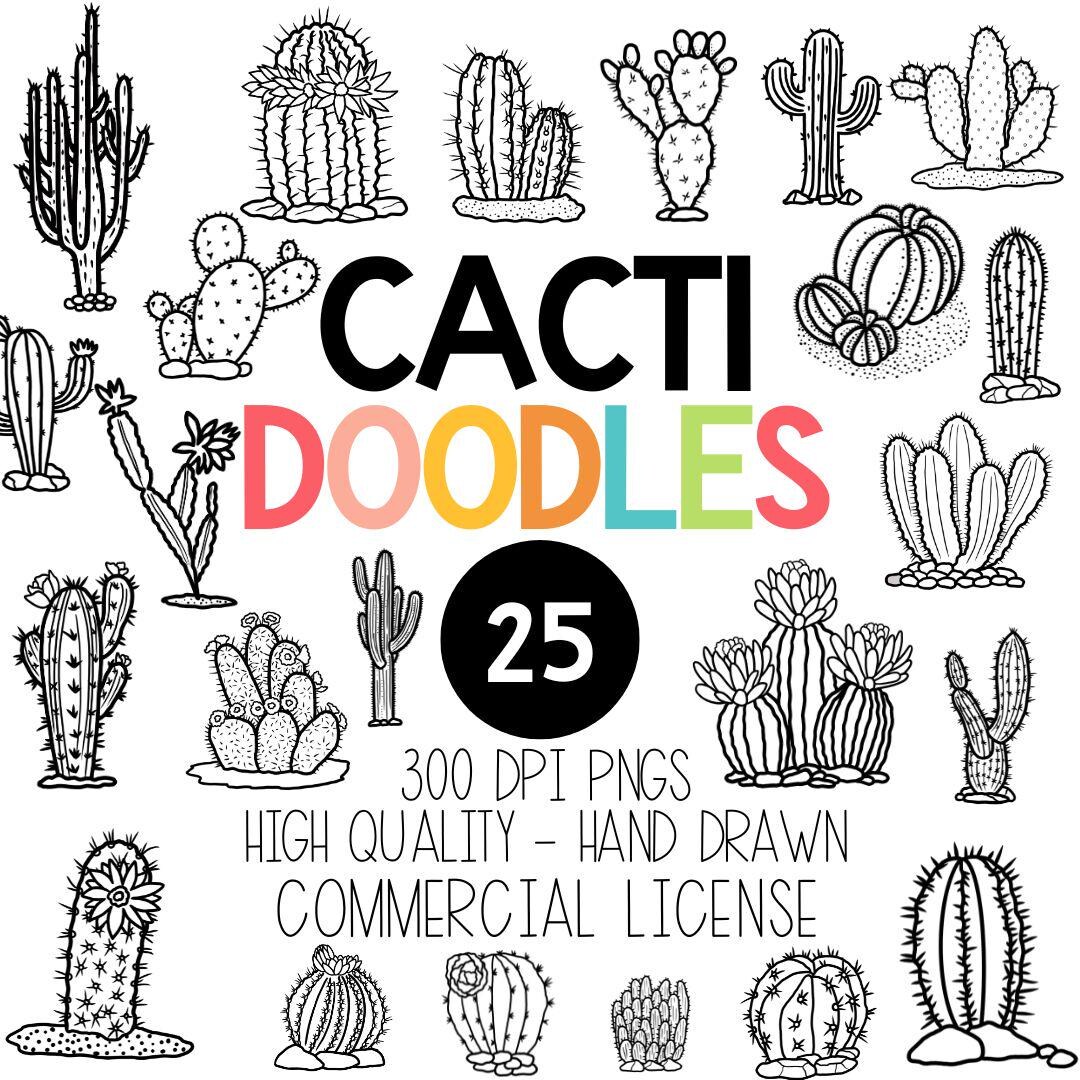 Cacti Doodle Clipart - Cactus Black and White Outline and Line Art ...