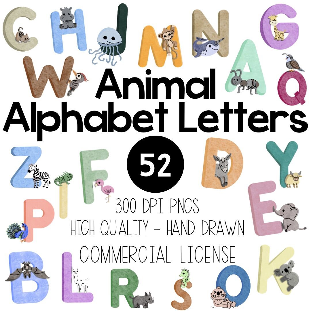 Animal Alphabet Letters A-Z, Hand Drawn, Color Black & White - Etsy