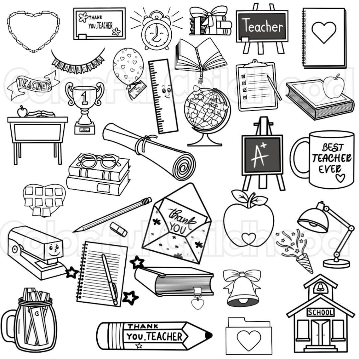 Teacher Appreciation Doodle Clipart - Black and White Outline and Hand ...