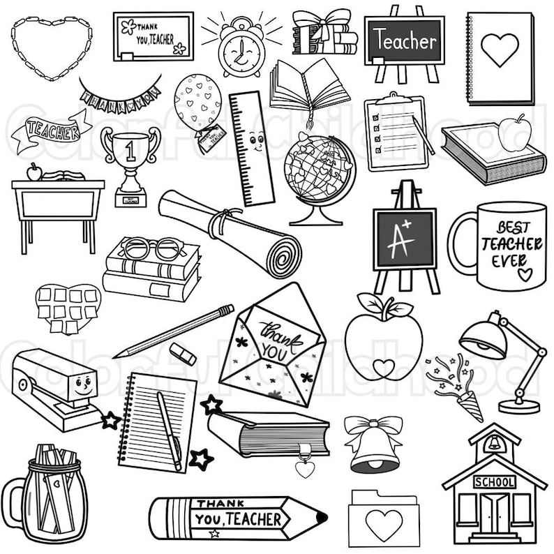 Teacher Appreciation Doodle Clipart - Black and White Outline and Hand ...