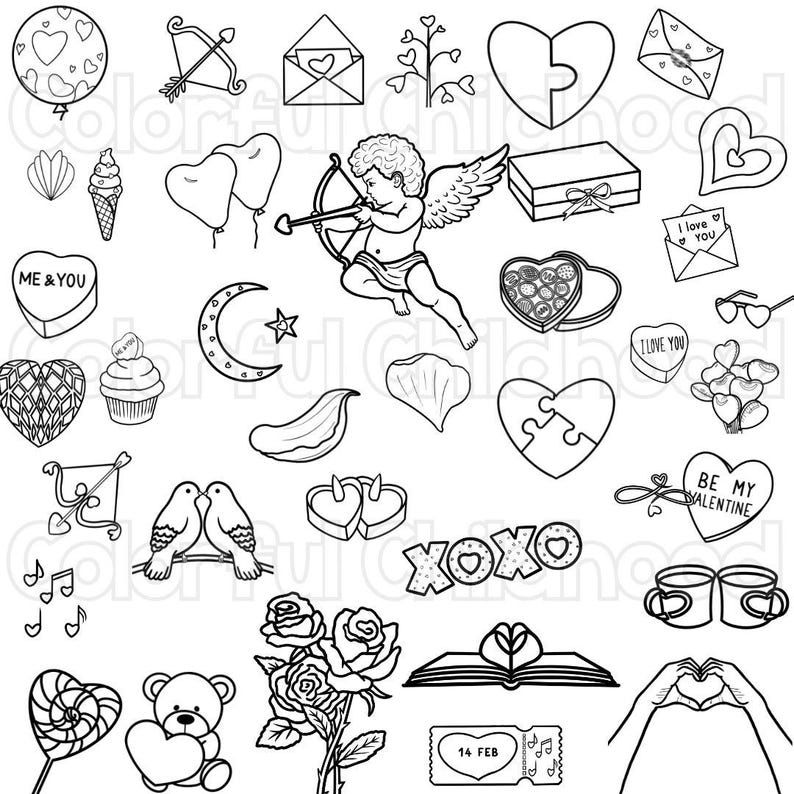 Valentine's Day Doodles - Black and White Outline and Line Art Clipart ...