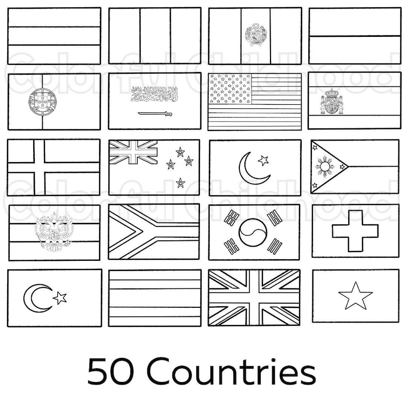 Country Flags Outlines, 50 Countries - Black and White Outline and Line ...
