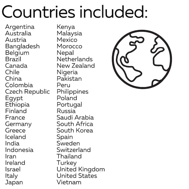 Country Flags Outlines, 50 Countries - Black and White Outline and Line ...