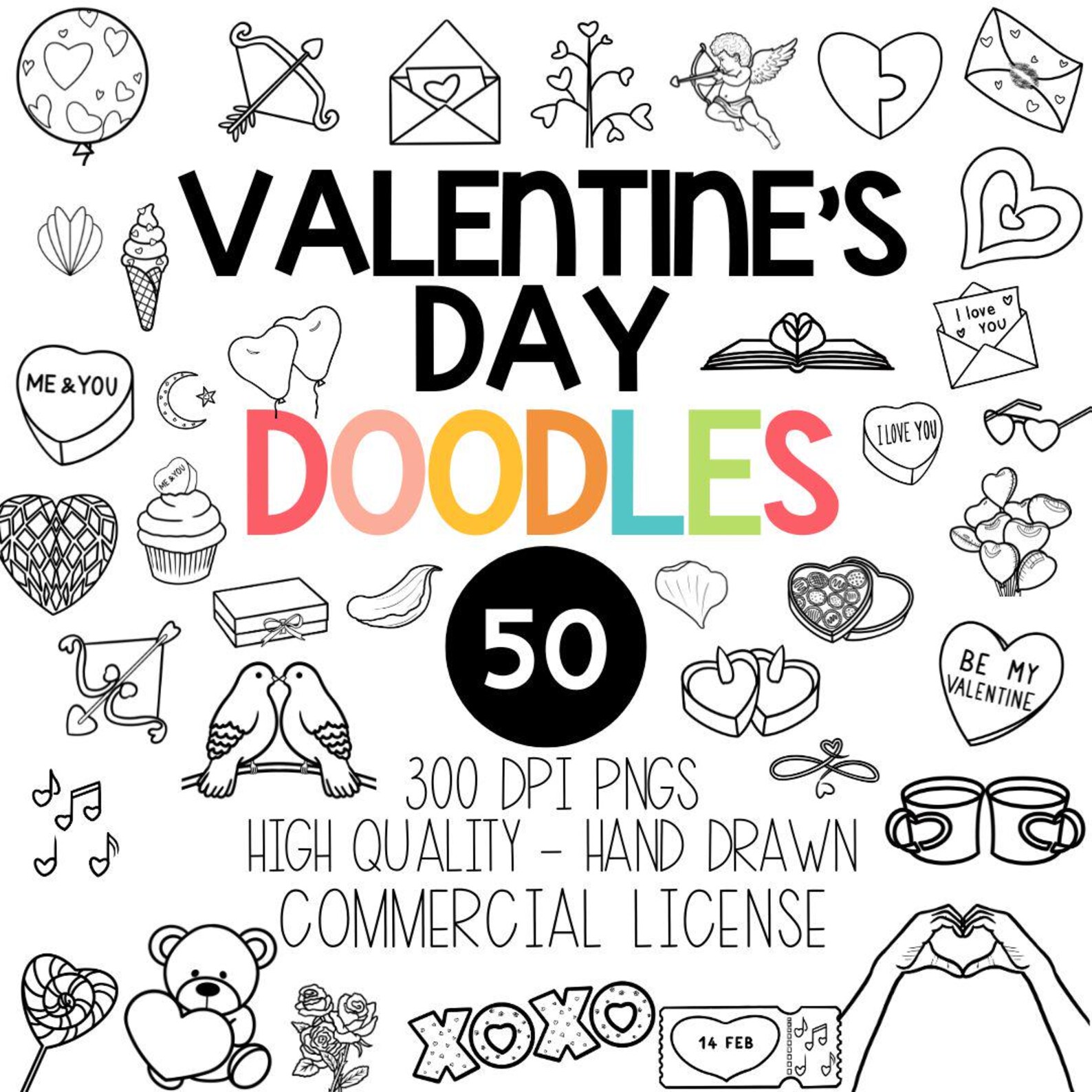 Valentine's Day Doodles - Black and White Outline and Line Art Clipart ...