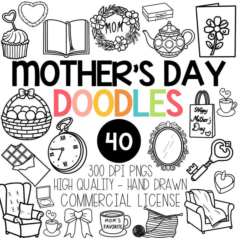 Mother's Day Doodle Clipart - Black and White Outline and Hand Drawn ...