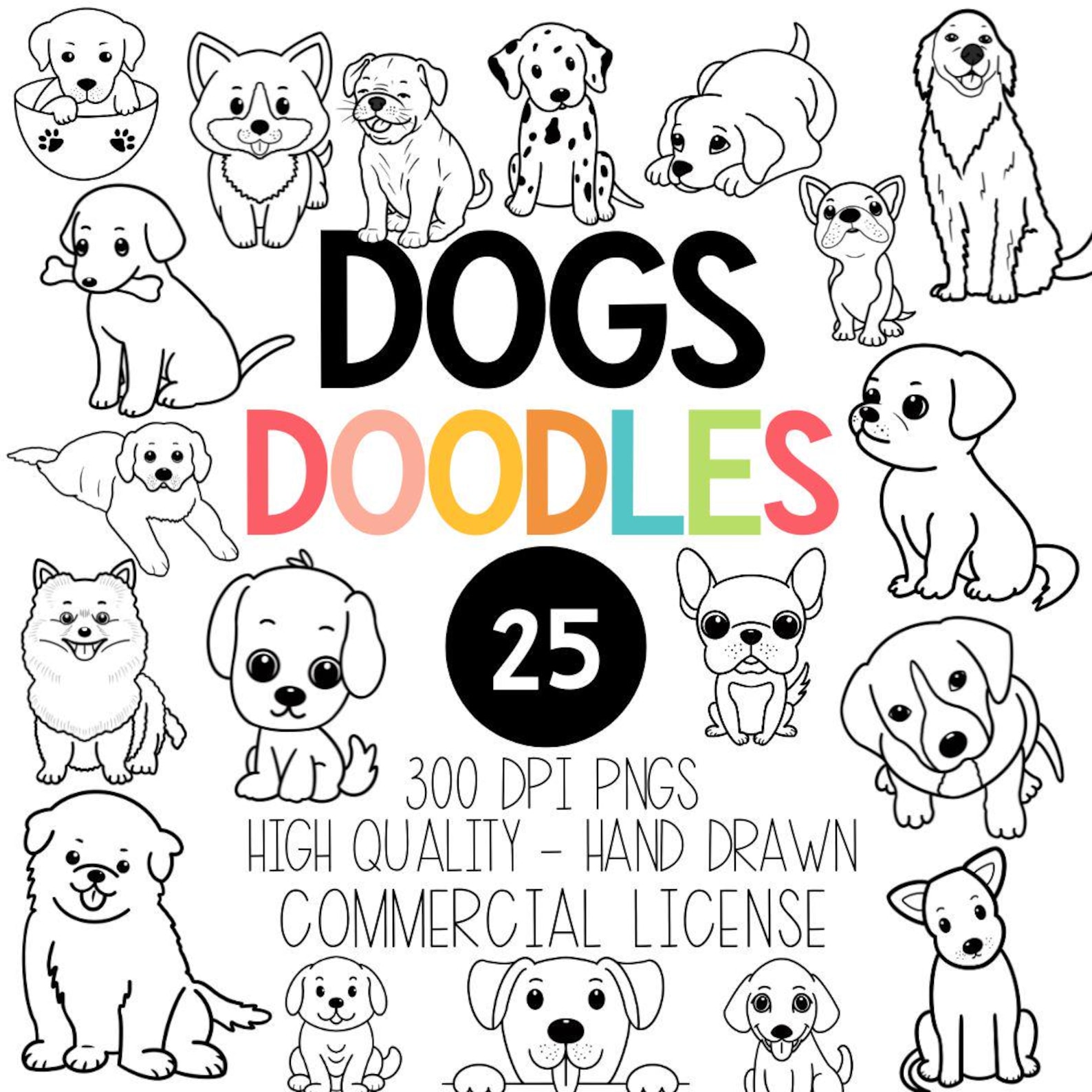 Dogs Doodle Clipart - Black and White Outline and Line Art Clipart ...