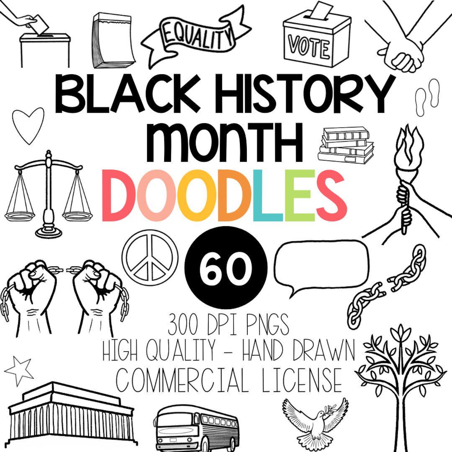 Black History Month Doodle Clipart - Black and White Outline and Line ...