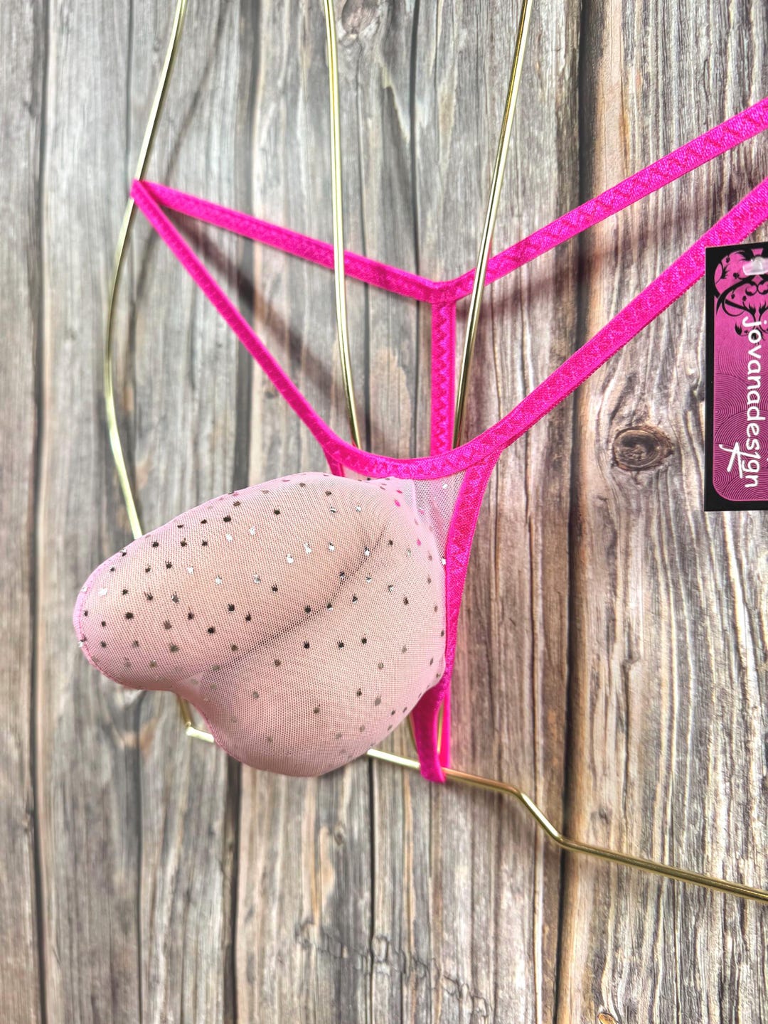 Jovanadesign 3D String 1 Push up and Push Out Mens Bulge String Light Pink Holo Dots See Through ...