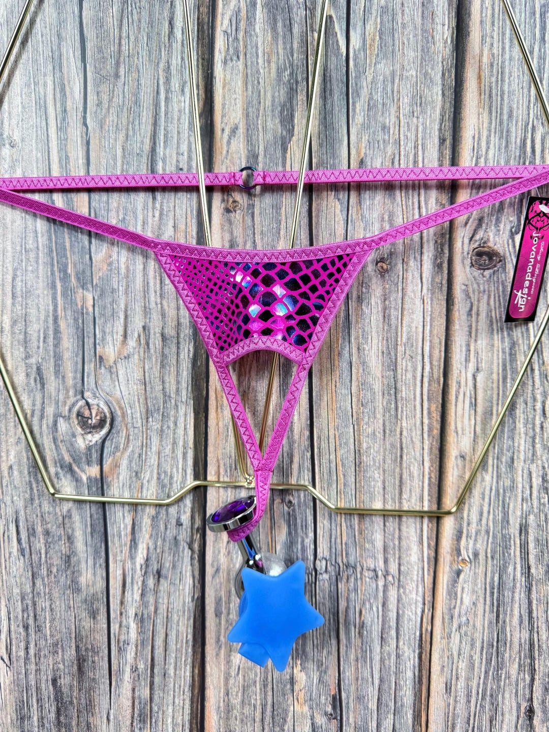 Jovanadesign Men’s Open Front Plug Back String Magenta Hologram Snake ...