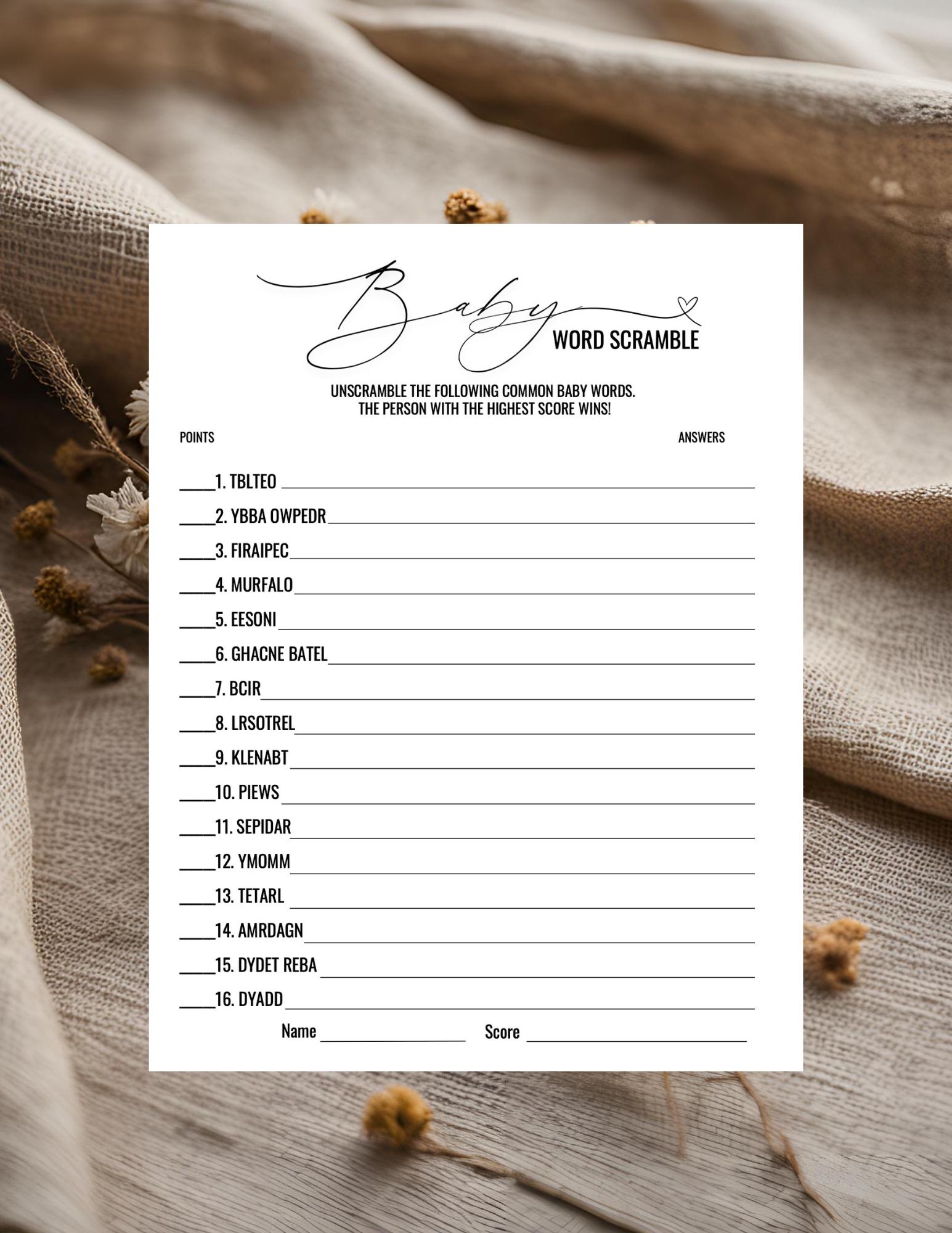 Baby Word Scramble Game | Baby Shower Word Scramble | Gender Neutral ...