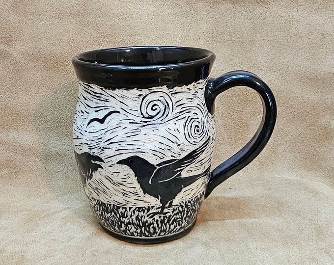 Black Raven White Mug Stoneware Black Ravens Pottery Coffee Cup Carved ...
