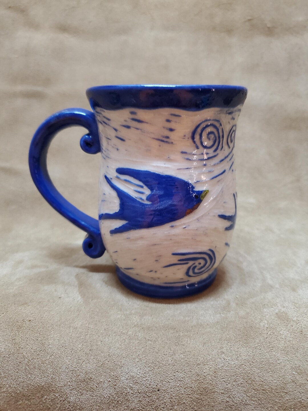 Blue Bird Sgraffito Carved Stoneware Tea/coffee Mug - Etsy