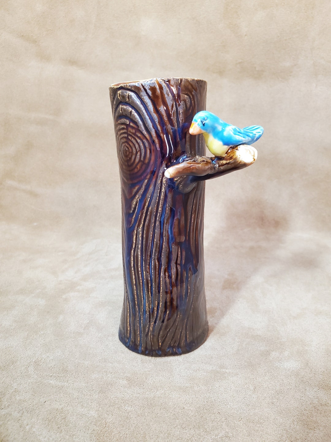 Tree Stump Vase With Blue Bird on Branch - Etsy