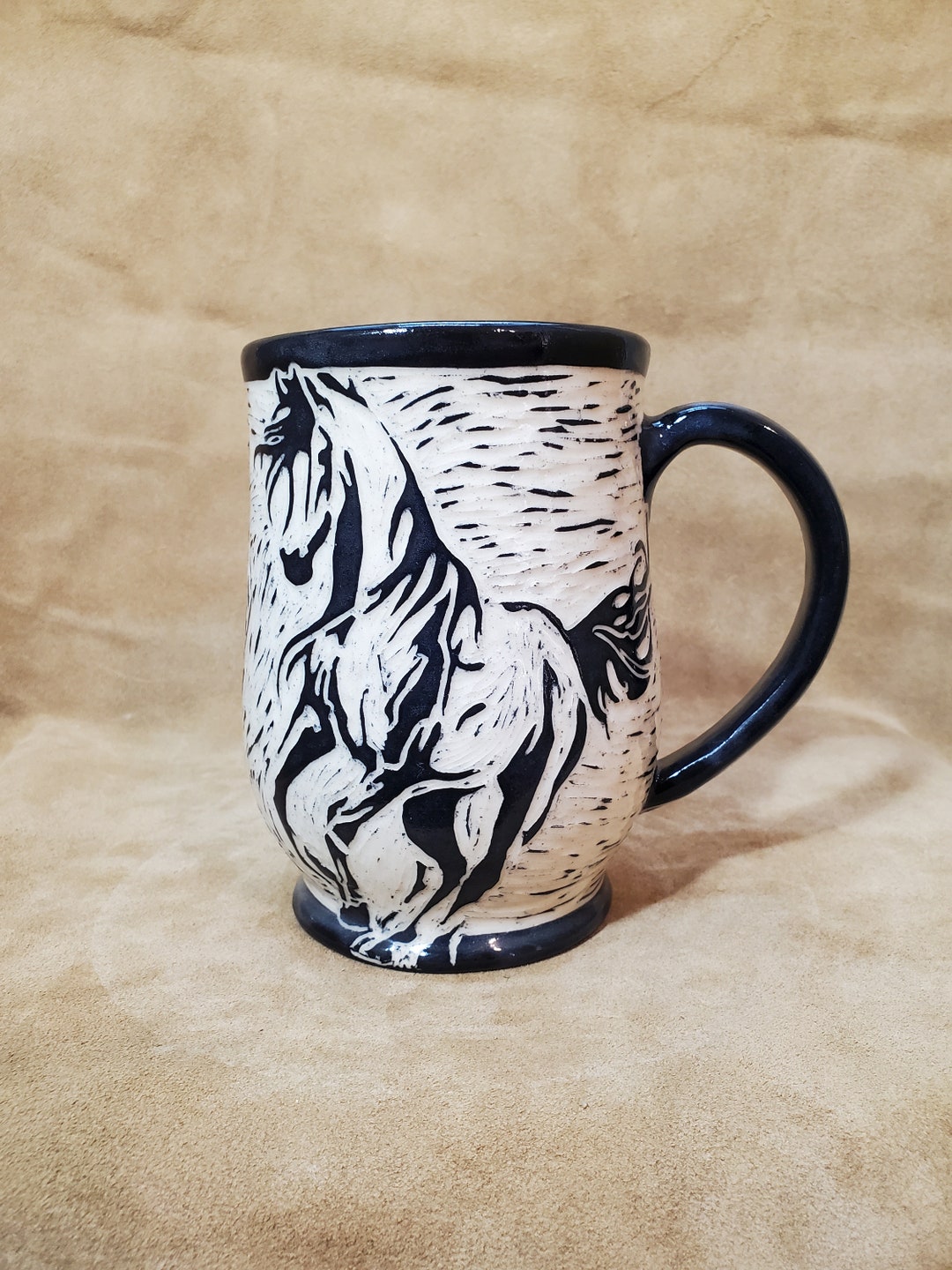 Horse Black and White Sgraffito Mug Stallion Tankard - Etsy