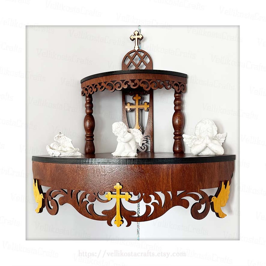 Home Altar Wooden Shelves, Corner Altar Wood Display Christian Catholic ...