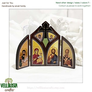 Triptych Wooden Icons Jesus Christ Virgin Mary St. Nicholas Archangels Handmade Wooden Byzantine ...
