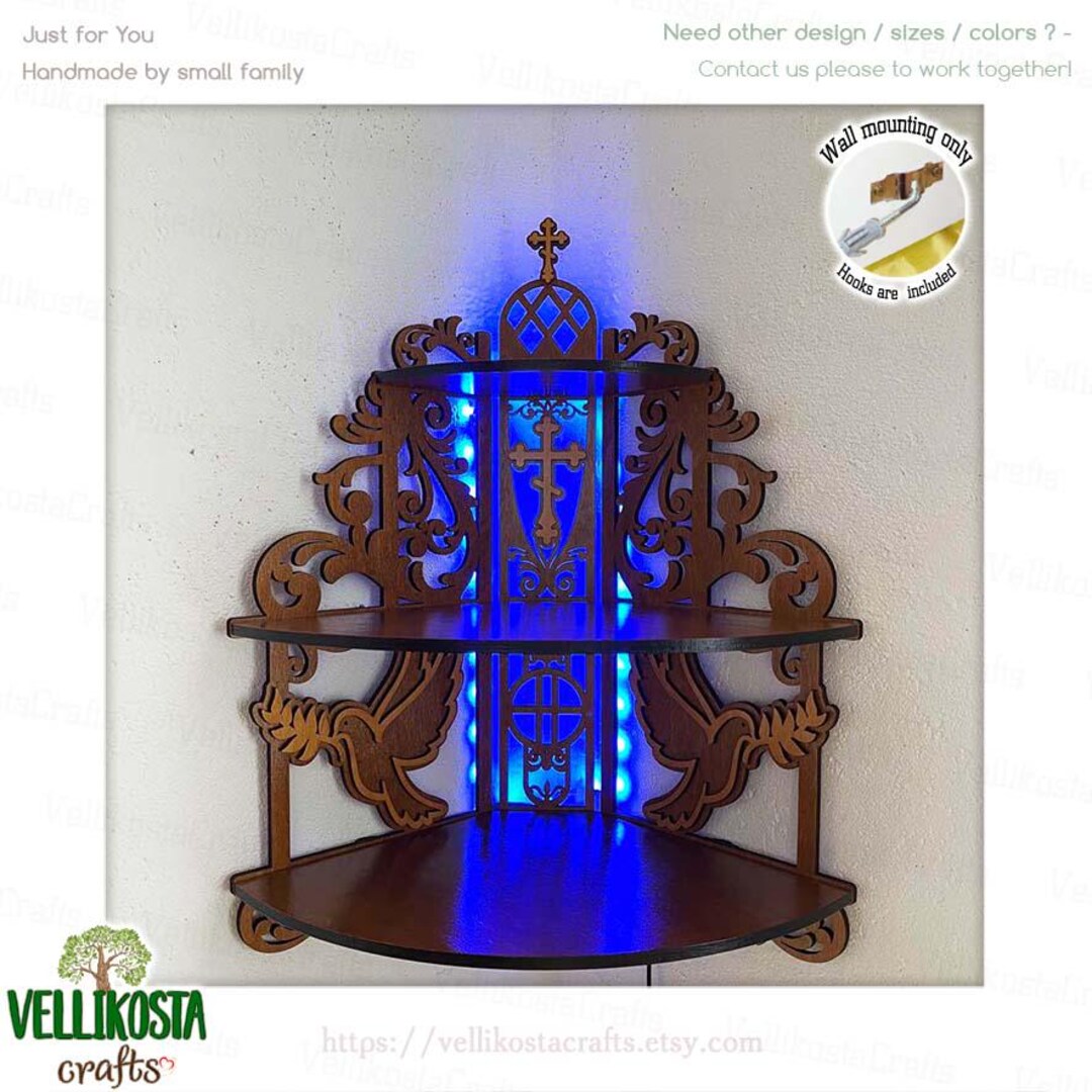 Corner Shelf LED Light Altar Wooden Display Christian Catholic Orthodox ...