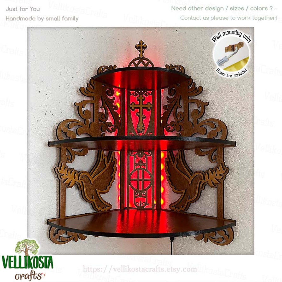 Corner Shelf LED Light Altar Wooden Display Christian Catholic Orthodox ...