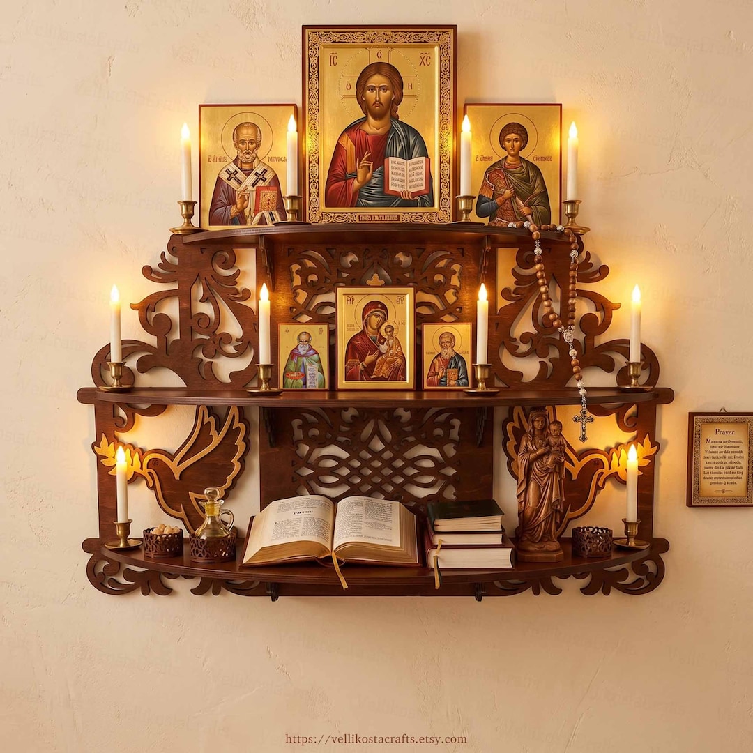 Wooden Home Altar: Iconostasis Shelf With Gold Cross & Birds Decor Wall ...