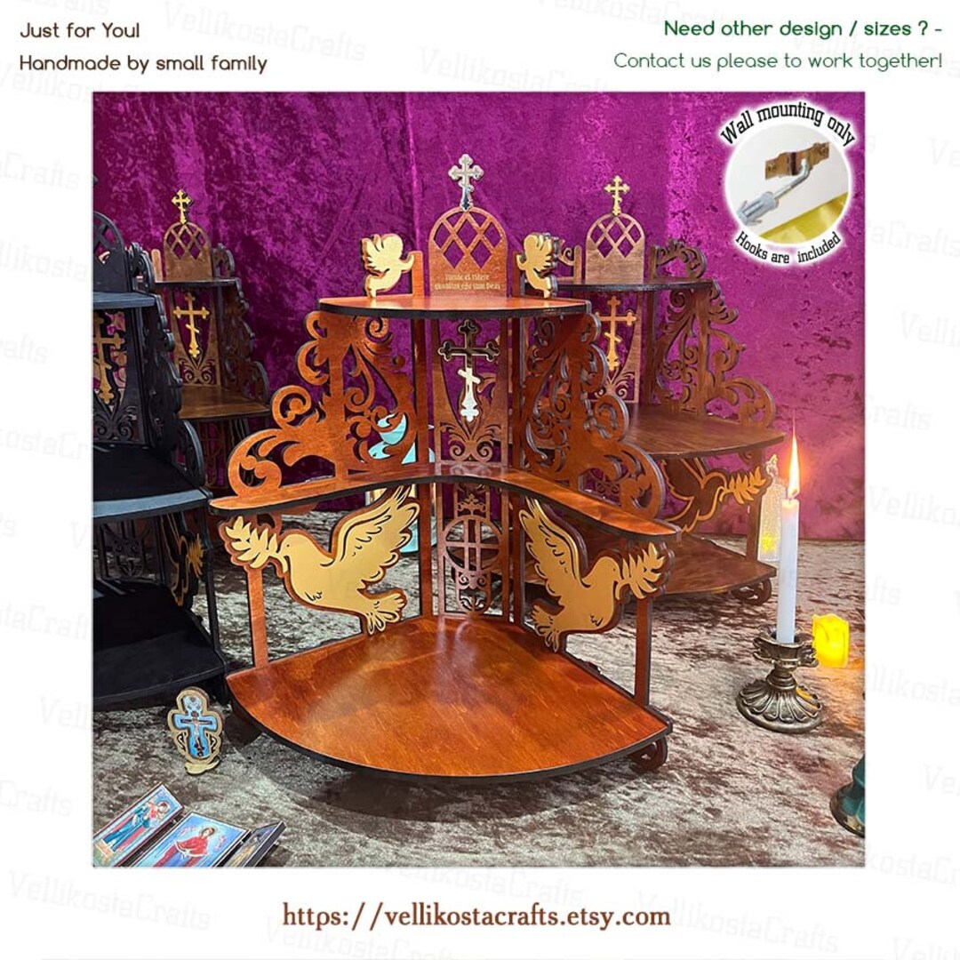 Corner Shelf Display LED Lights Wooden Altar Christian Catholic ...