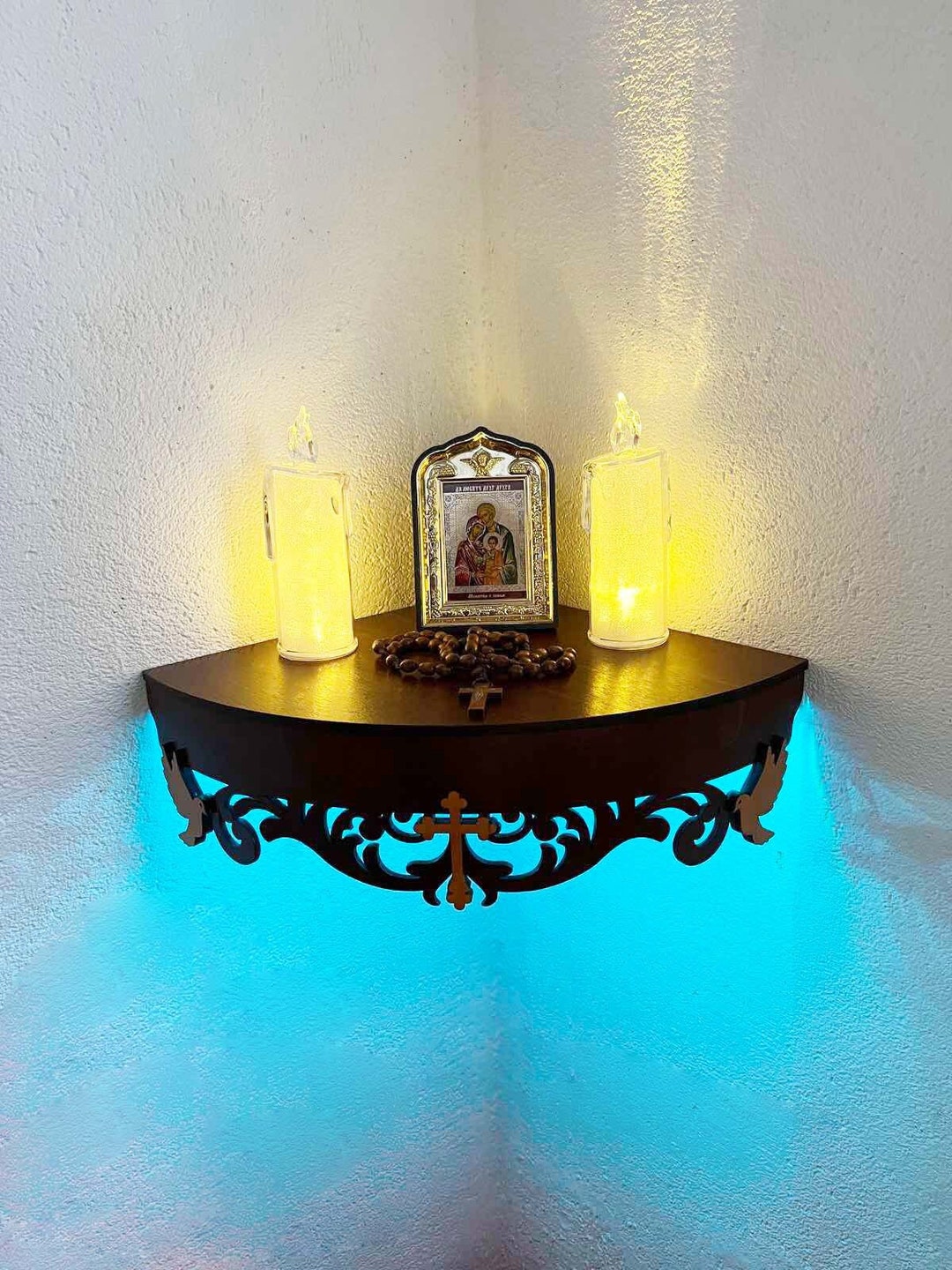 Corner Shelf Float Display LED Light Christian Catholic Orthodox Home ...