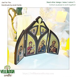 Triptych Wooden Icons Jesus Christ Virgin Mary St. Nicholas Archangels Handmade Wooden Byzantine ...