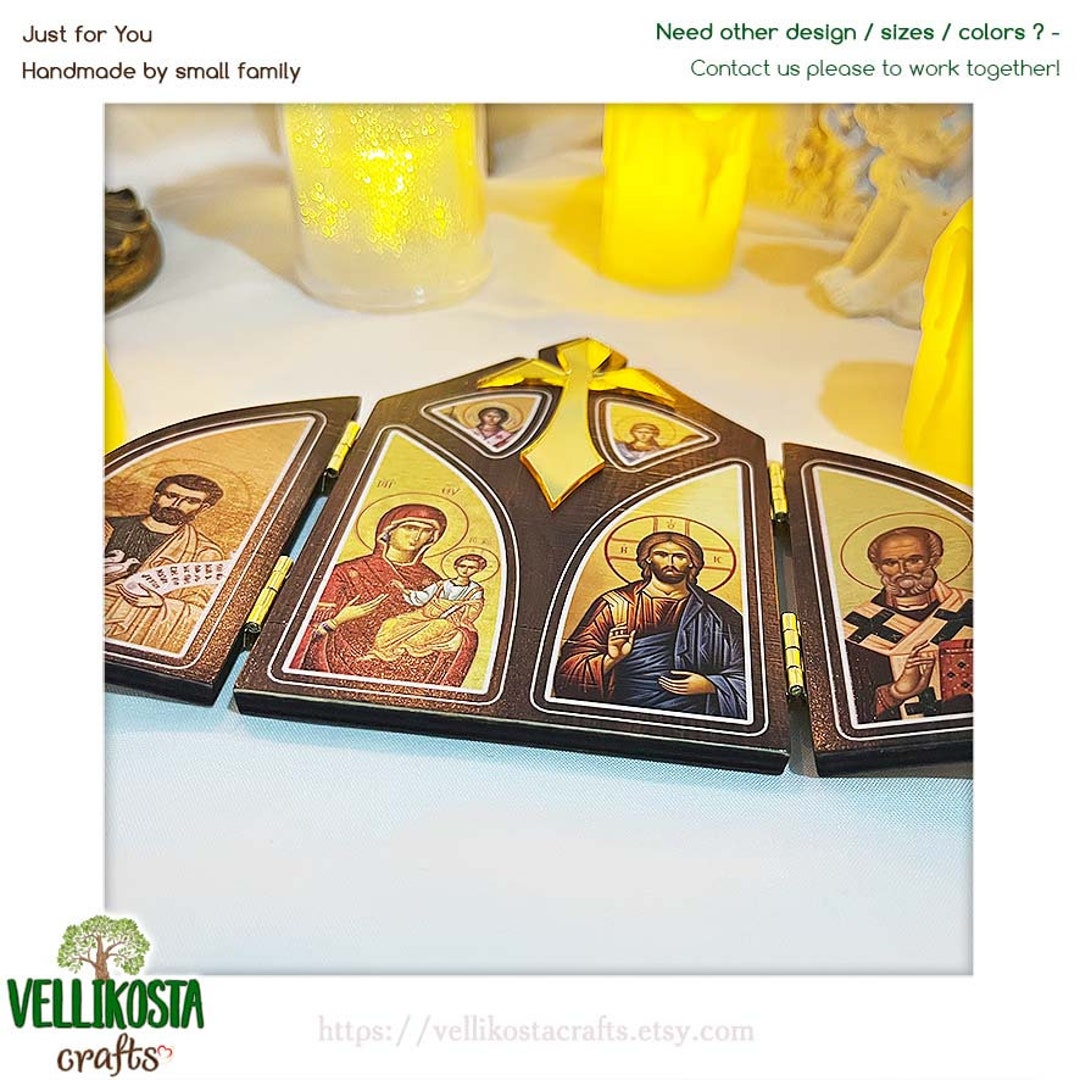Triptych Wooden Icons Jesus Christ Virgin Mary St. Nicholas Archangels Handmade Wooden Byzantine ...