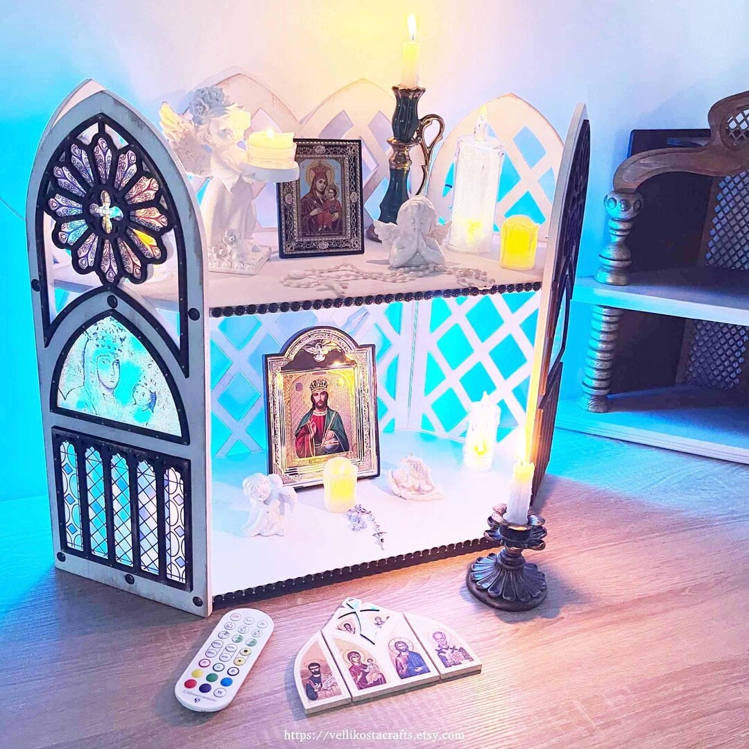 Wooden Altar Shelf: Cathedral Stained Acrylic Glass Icon Stand 2-tier ...