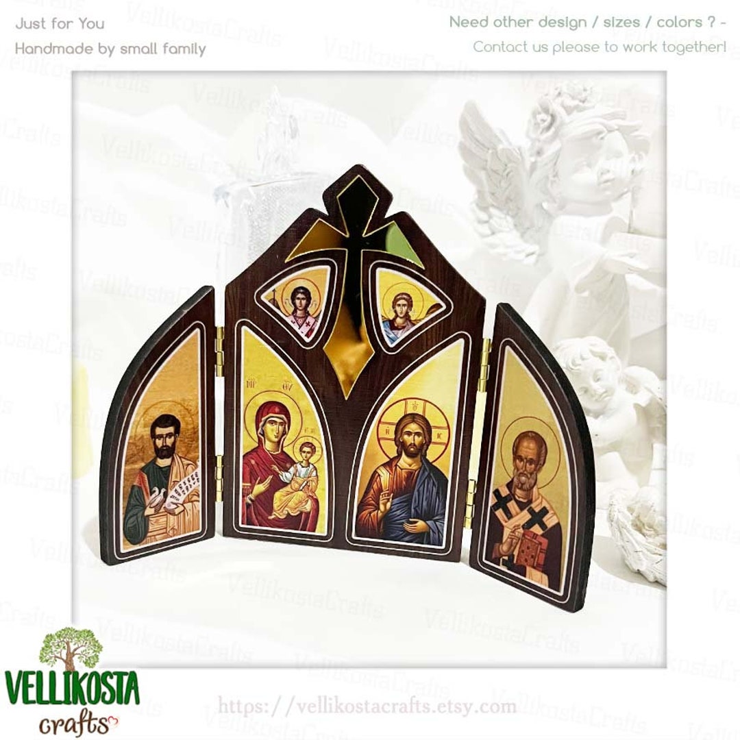 Wooden Triptych Icon Jesus Christ Virgin Mary St. Nicholas Archangels Handmade Wooden Byzantine ...