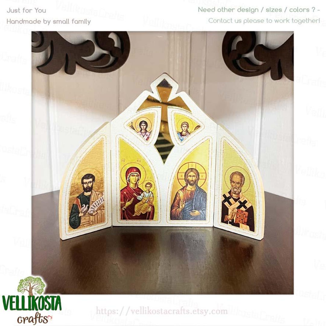 Triptych Icon Jesus Christ Virgin Mary St Nicholas Archangel Handmade Wooden Byzantine Icon God ...