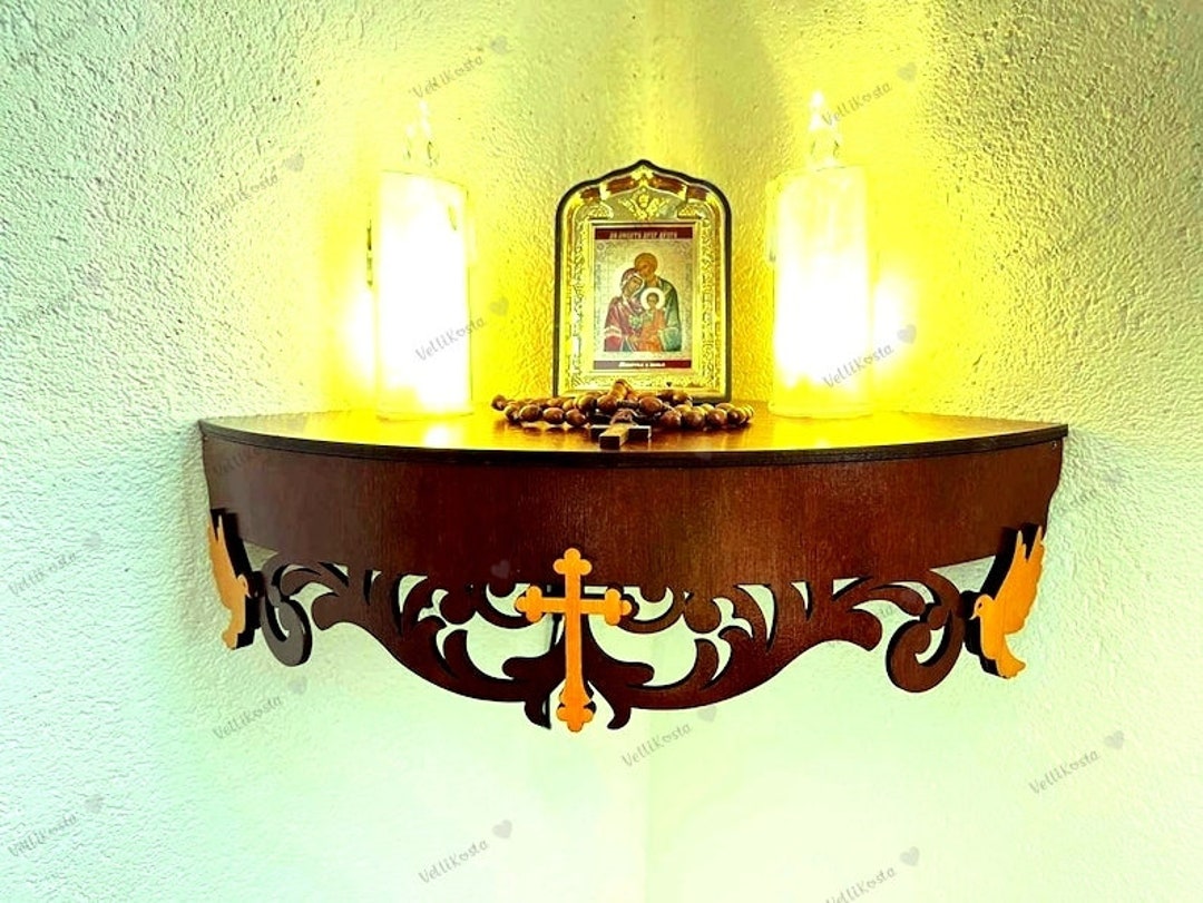 Corner Shelf Display LED Light Christian Catholic Orthodox Home Prayer ...