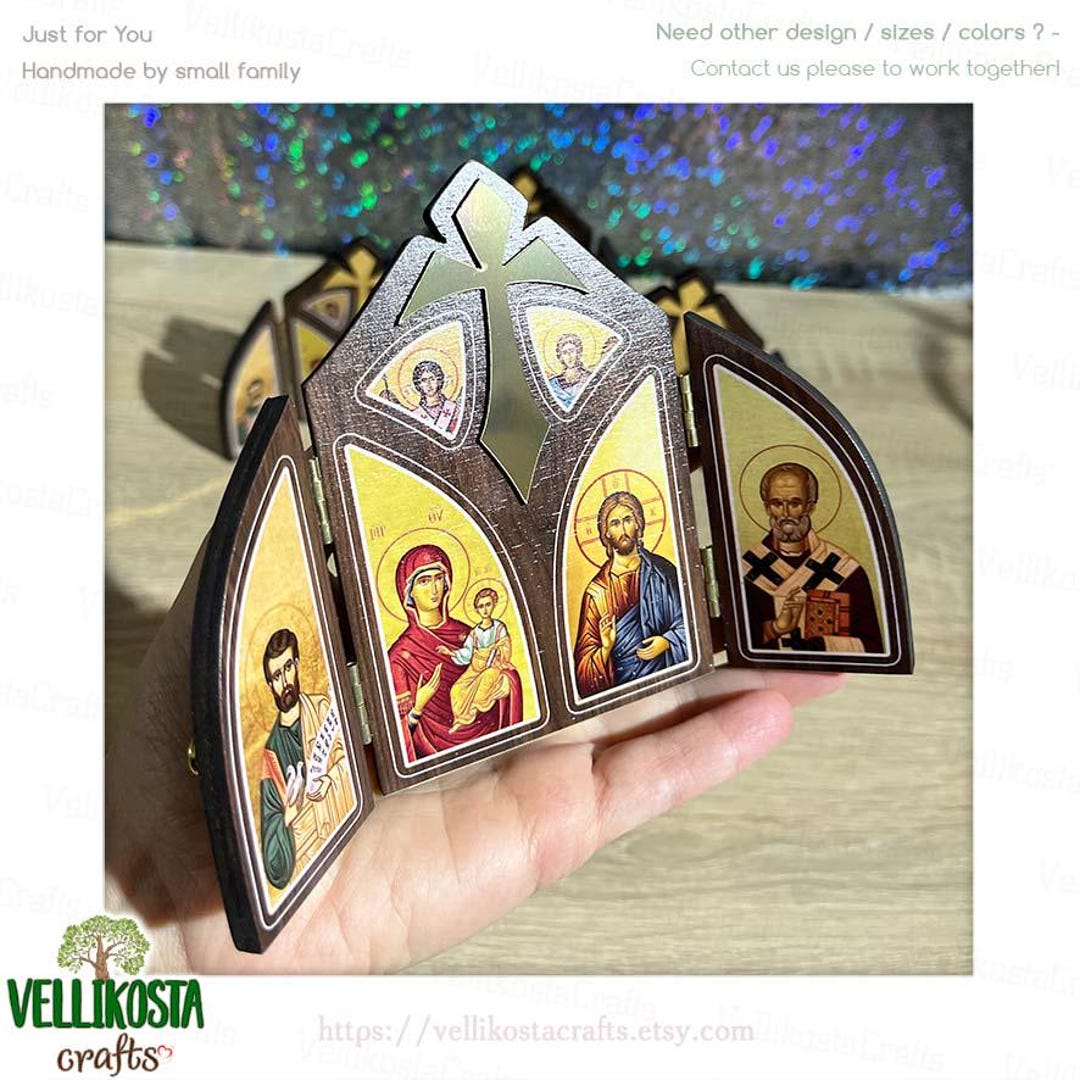 Wooden Icons Triptych Jesus Christ Virgin Mary St. Nicholas Archangels Handmade Wooden Byzantine ...