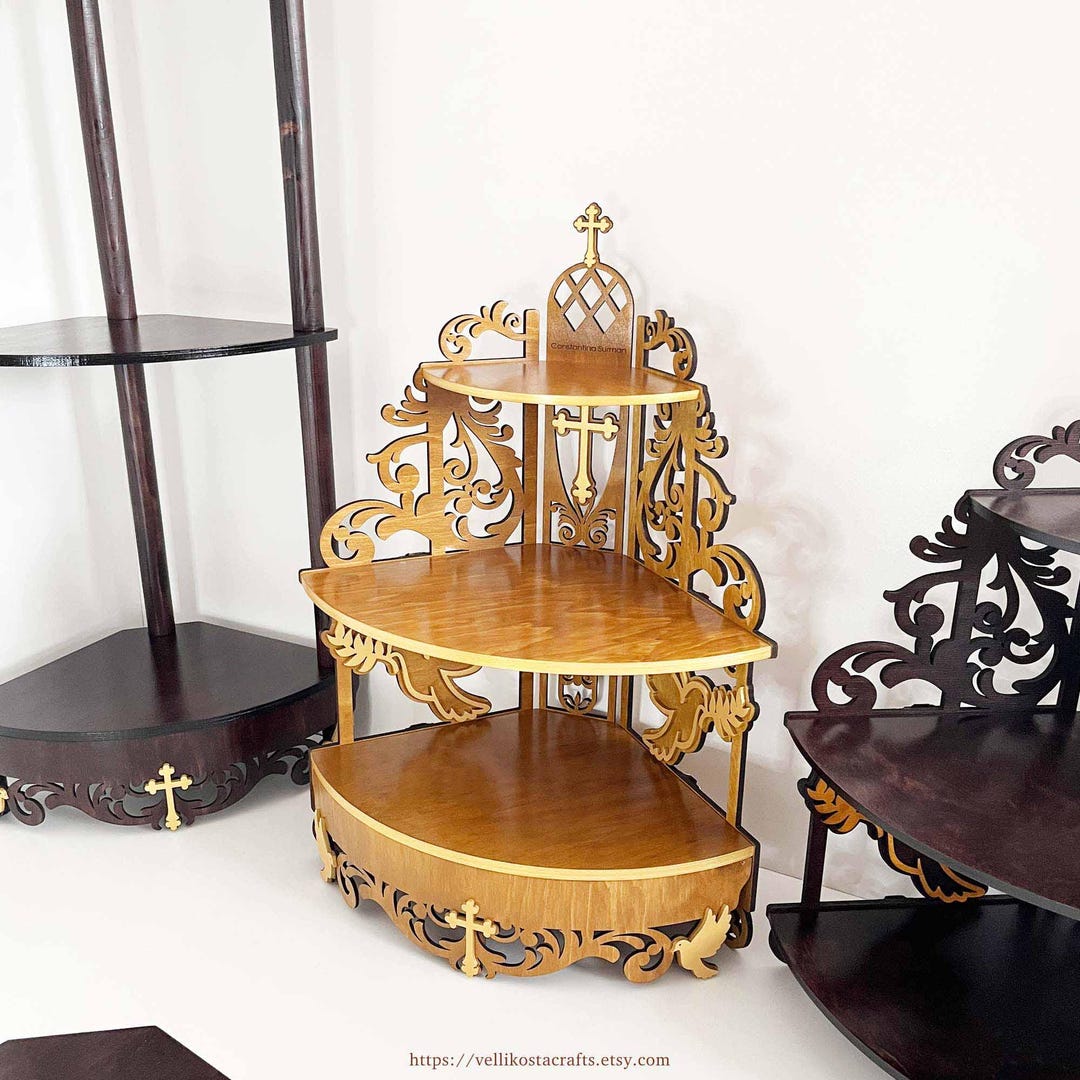 Wooden Corner Altar Shelf: Multi-tier Icon Display, Christian Orthodox ...